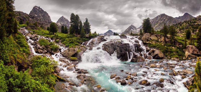 Mountain Landscape with Waterfall and Peaks Stock Image - Image of ...