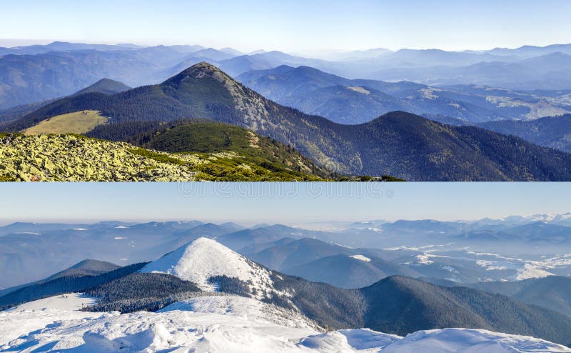 Mountain Landscape in Winter and in Summer. Comparison of Two Se Stock ...