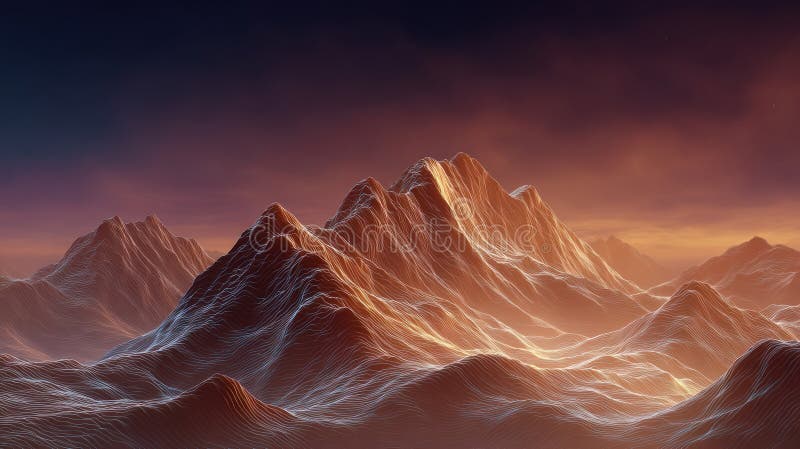 Mountain Landscape with Wireframe Topology at Sunset Creating a ...