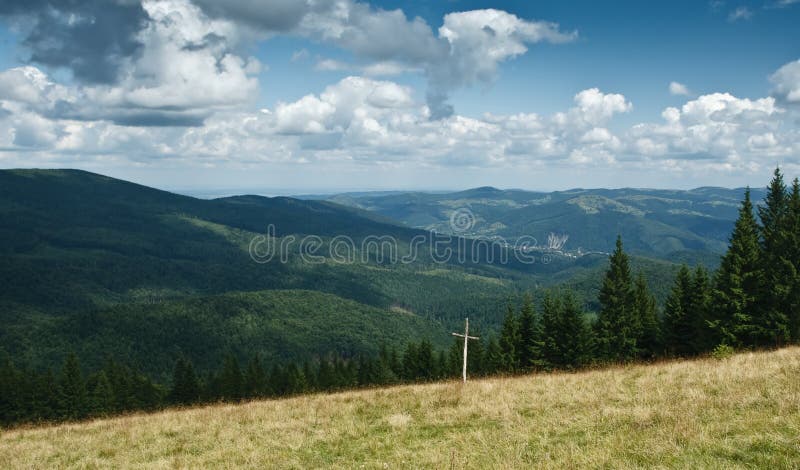 Mountain Landscape with Wooden Cross Stock Image - Image of meadow ...