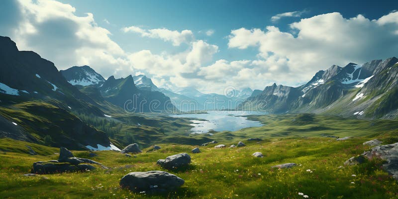 Mountain Landscape with Wooden Fence and Lake. 3d Render Stock ...