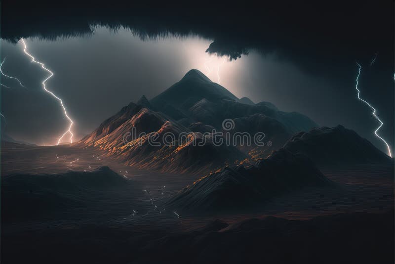 A Mountain with a Lightning Bolt in the Sky Above it and a Lightning ...
