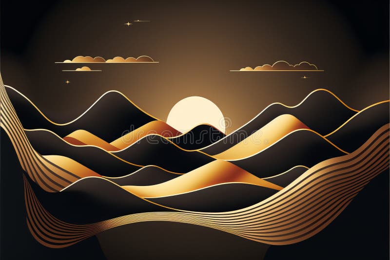 Mountain Line Art Background, Luxury Gold Design Stock Illustration ...
