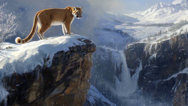 Mountain Lion Perched on Snowy Cliff Overlooking Frozen Waterfall Stock ...