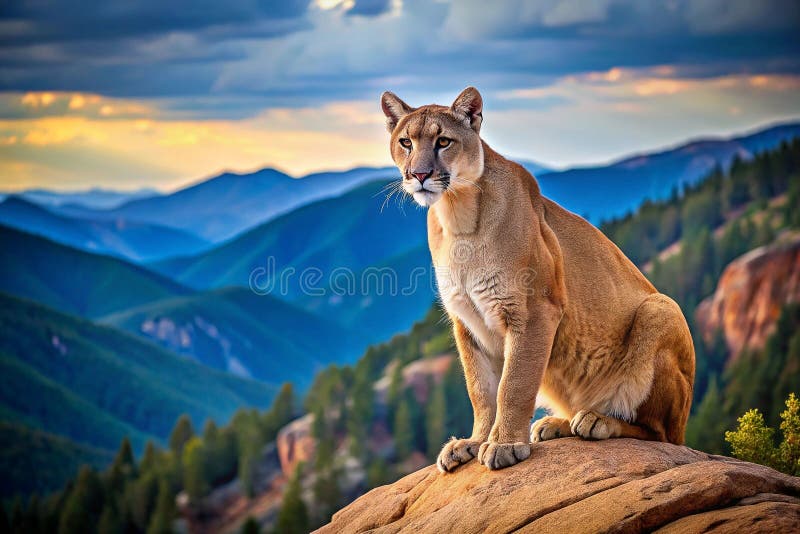 Mountain Lion on Rocky Outcrop, Dramatic Sunset Stock Illustration ...