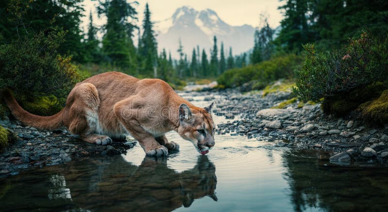 Majestic Mountain Lion Drinking from Pristine Mountain Stream in Serene ...