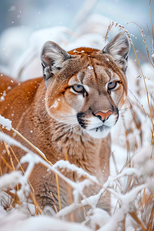 A Mountain Lion is Standing in the Snow in the Tall Grass Stock Photo ...