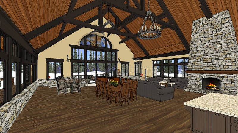 Mountain Lodge Interior Design Rendering, Open Plan, Fireplace, Winter ...