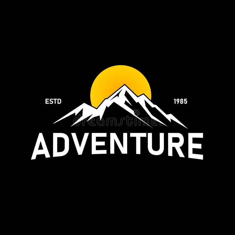 Mountain Logo with Sunset Outdoor Adventure on Dark Background Vector ...