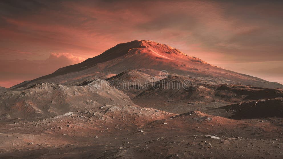 A Mountain on Mars with a Red Sky and Clouds in the Distance Stock ...
