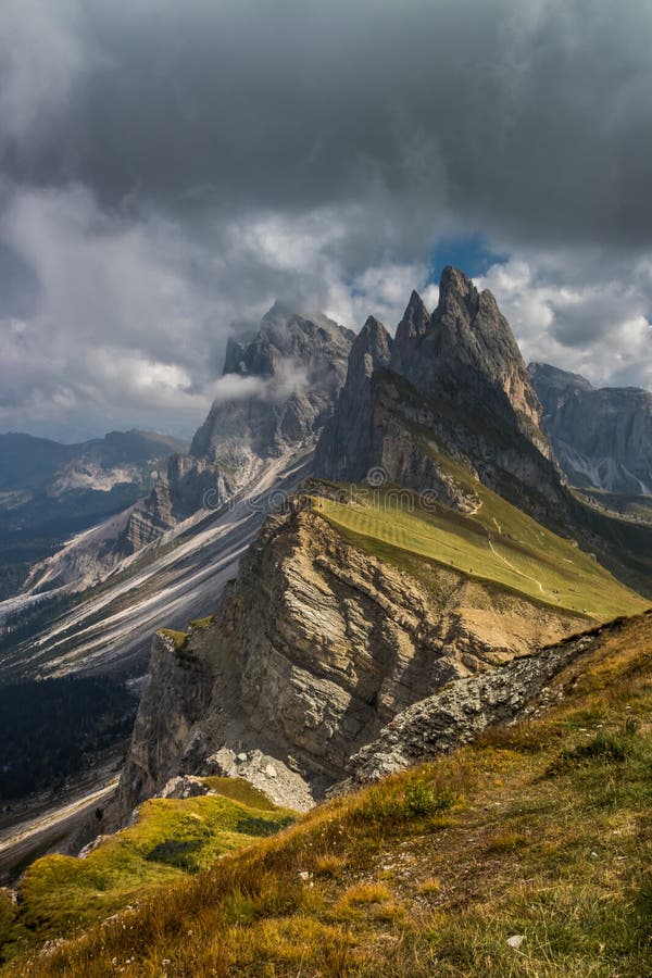 Mountain Massif in Dolomites Stock Image - Image of seceda, clouds ...