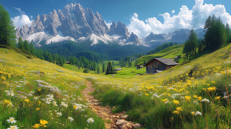 Mountain Meadow Cottage Path Scenic Summer Alps Stock Illustration ...