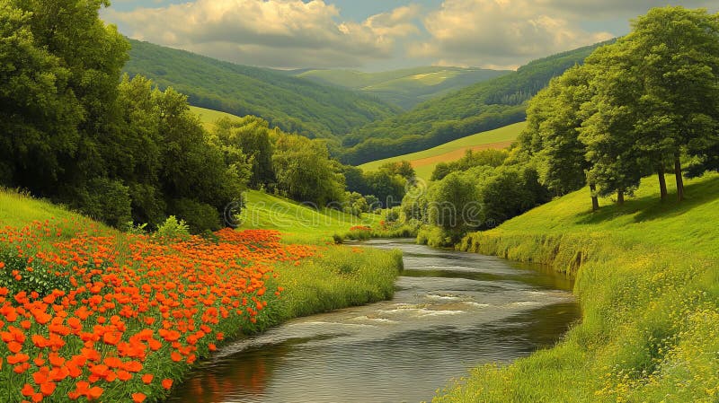Mountain Meadow Landscape with a Serene Atmosphere, Wildflowers, and a ...