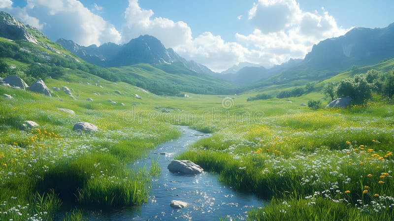 Mountain Meadow Stream stock illustration. Illustration of mountain ...