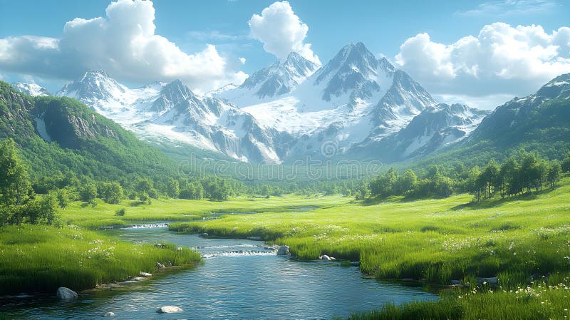 Mountain Meadow Stream Landscape Stock Illustration - Illustration of ...