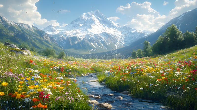 Mountain Meadow Stream, Spring Flowers Stock Illustration ...