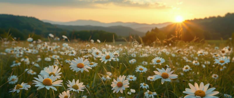 Mountain Meadow Sunset with Daisies in Full Bloom Stock Photo - Image ...