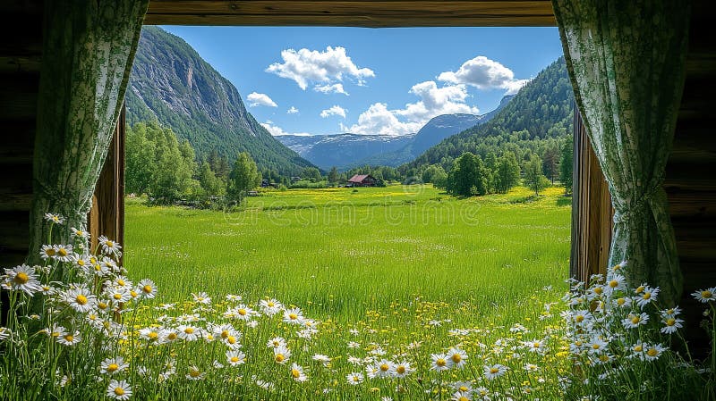 Mountain Meadow View through a Window Stock Photo - Image of tranquil ...