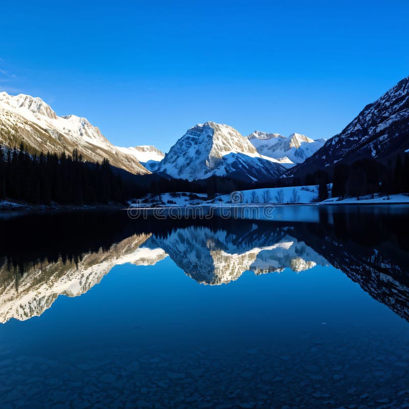 A Mountain Mirror Lake with Snow-capped Mountains and Forest ...