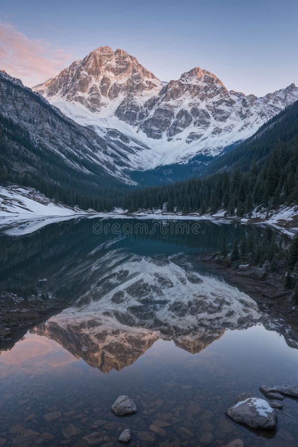 A Mountain Mirror Lake with Snow-capped Mountains and Forest ...