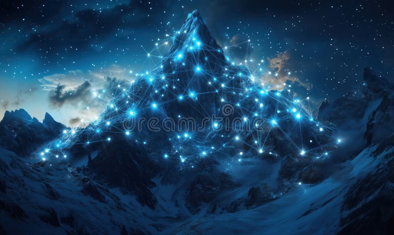 Mountain Network Visualization with Glowing Connections, Starry Sky ...