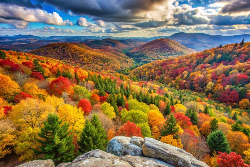 "Mountain Overlook with Vibrant Fall Foliage, Scenic Landscape Stock ...