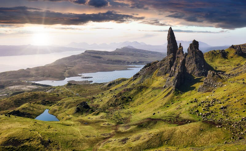 Mountain Panorama with Sun in Scotland, Isle of Skye - Old Man of Storr ...
