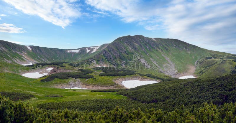Mountain Panorama View with Juniper Forest and Snow Remains on Ridge in ...