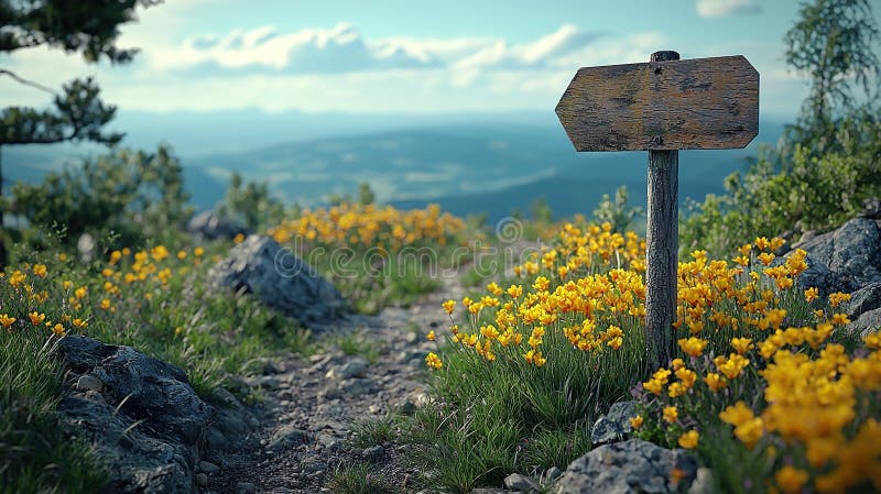 Mountain Path with Blank Sign, Wildflowers, Valley View Stock ...