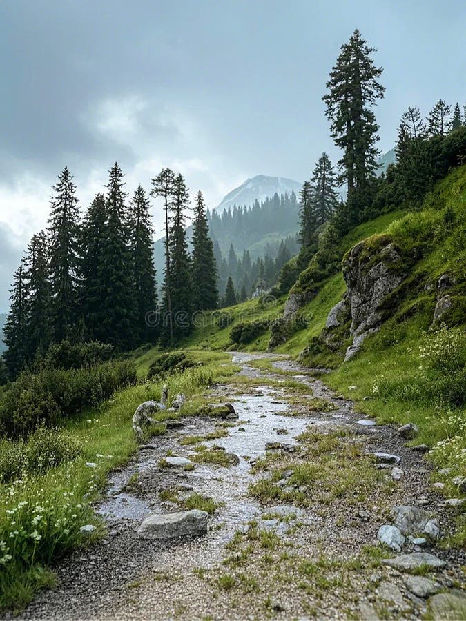 Mountain Path through Forest after Rain Stock Illustration ...