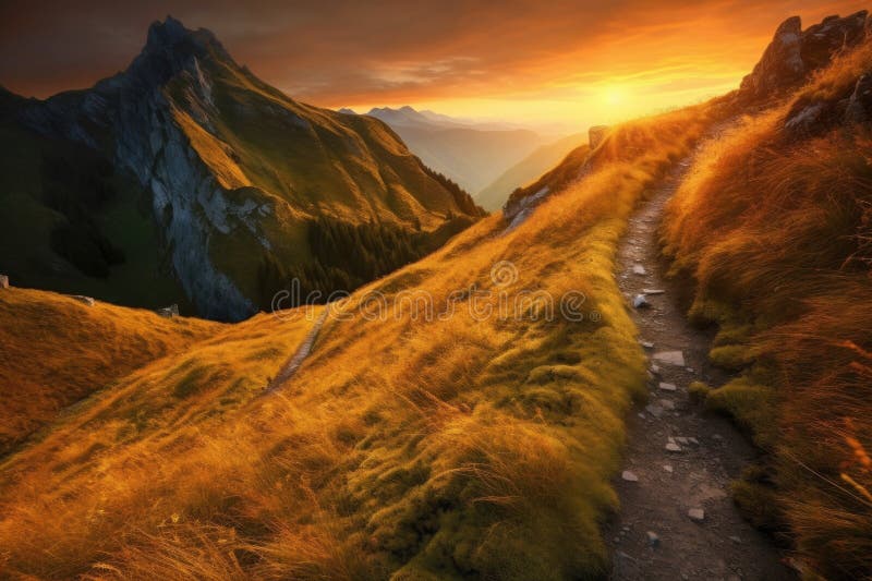 Mountain Path Illuminated by Golden Sunrise Stock Illustration ...