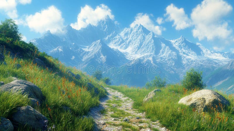 Mountain Path Leads To Snow Capped Peaks Stock Illustration ...