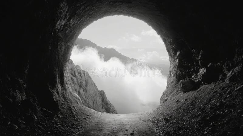 A Mountain Path Revealed through a Cave Opening, Showing a Cloudy and ...