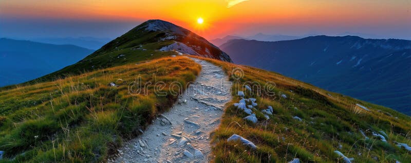 A Mountain Path with a Sun Setting in the Background Stock Illustration ...