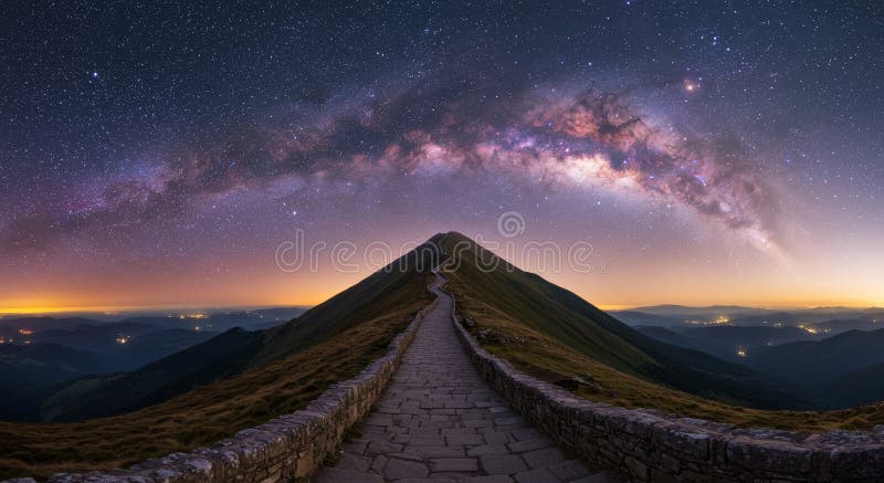 Mountain Path Under Milky Way a Stone Path Winds Up a Mountain Peak ...