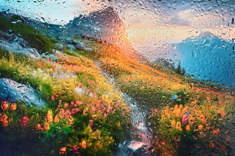 Mountain Peak Behind Glass Window with Rain Drops Stock Image - Image ...