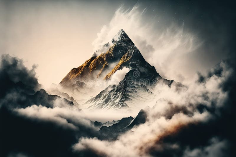 Mountain Peak in Clouds, Epic Landscape Stock Illustration ...