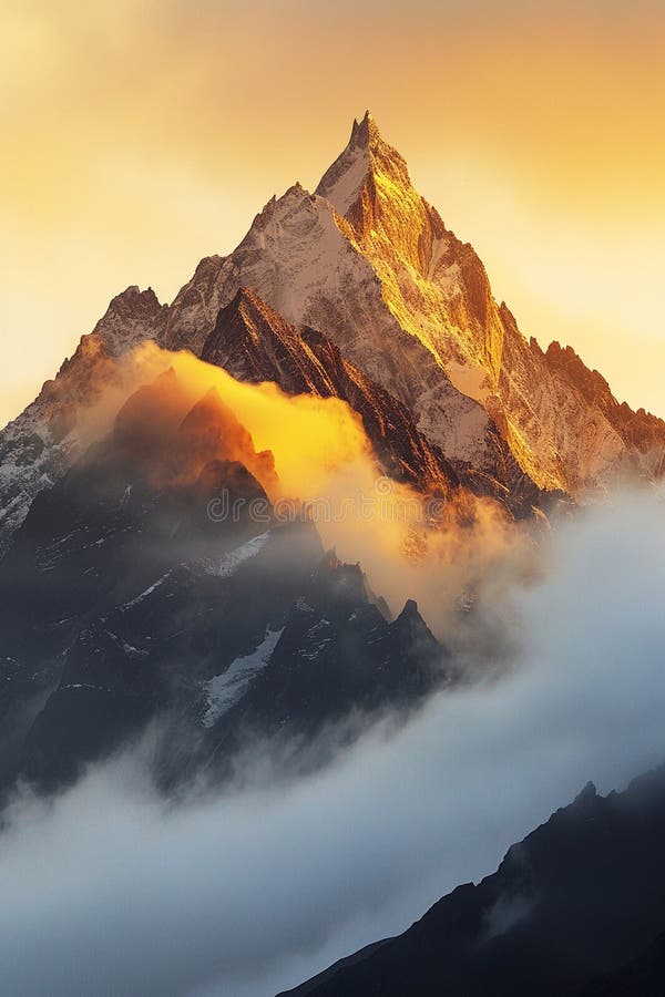 Mountain Peak at Dawn, Close Up, Golden Light, Double Exposure ...