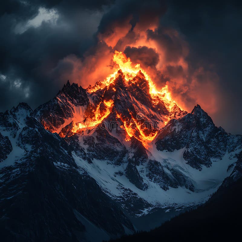 A Mountain Peak Erupting with Fire Stock Illustration - Illustration of ...