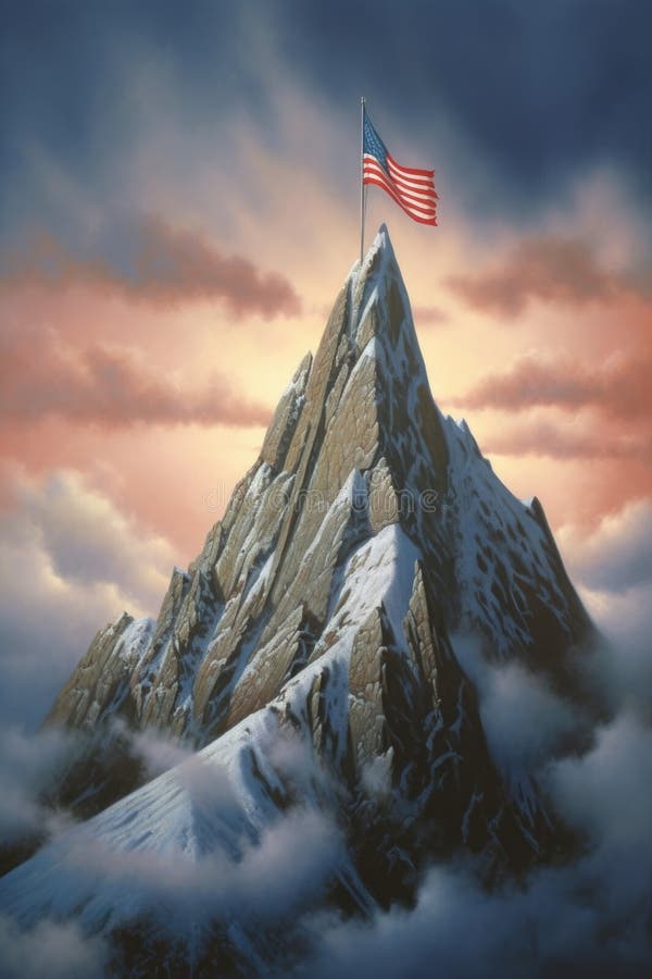 A Mountain Peak with a Flag at the Summit Stock Illustration ...