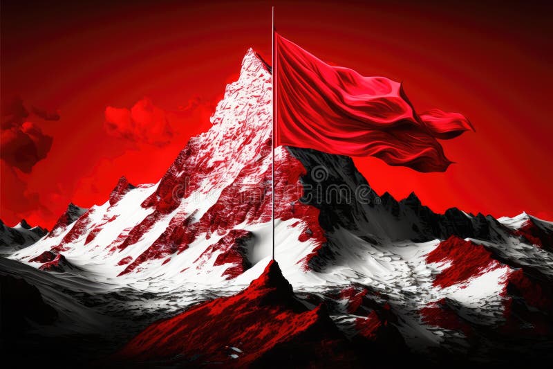Mountain Peak with Red Flag Fluttering in the Wind, Symbol of Adventure ...