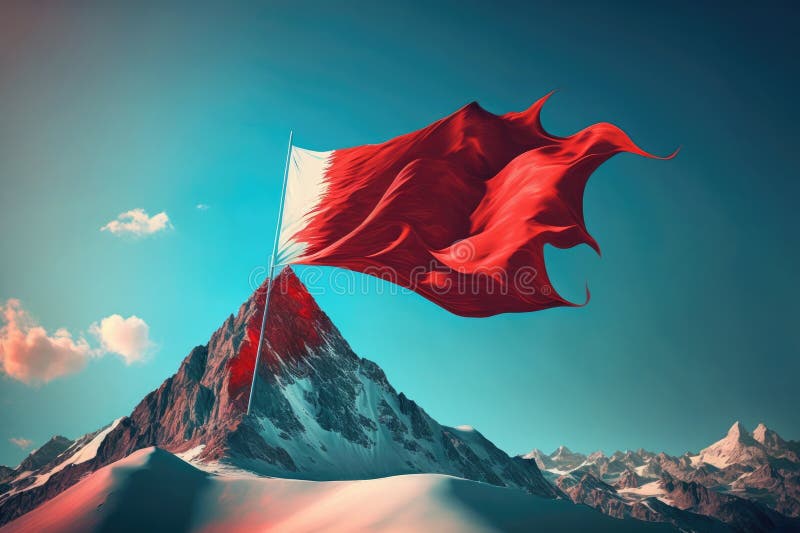 A Mountain Peak with Red Flag Flying in the Wind, Surrounded by Blue ...