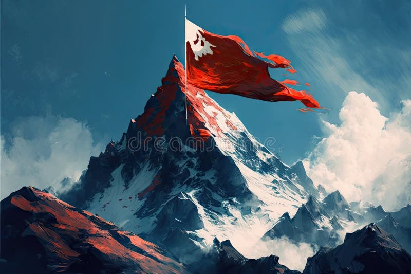 A Mountain Peak with Red Flag Flying in the Wind, Surrounded by Blue ...