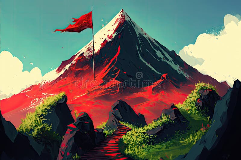 A Mountain Peak with a Red Flag, Surrounded by Lush Greenery and Blue ...