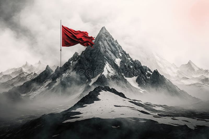 Mountain Peak with Red Flag, Surrounded by Misty Mountainscape Stock ...