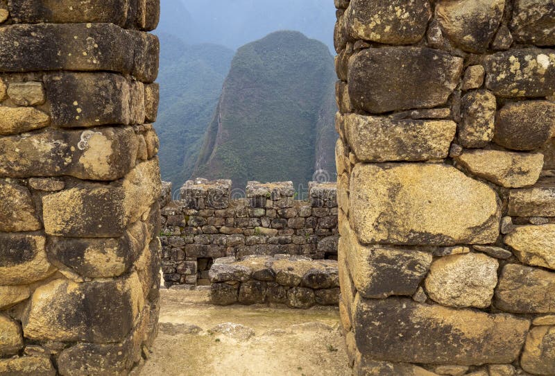 Mountain Peak Seen from Behind Machu Picchu Stone Walls Stock Photo ...