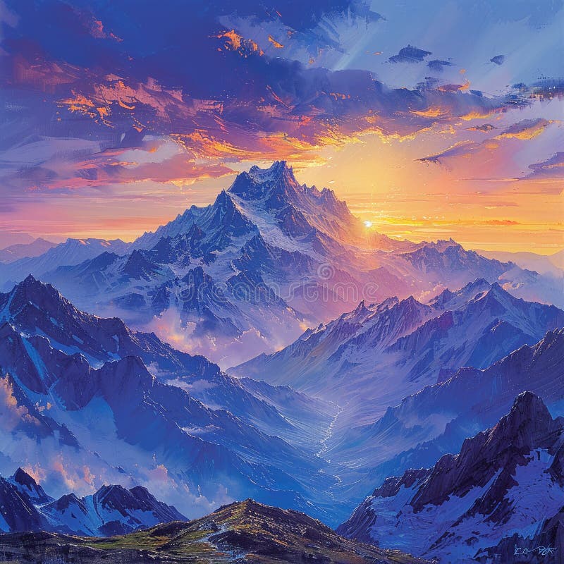 Mountain Peak Sunset Painted with an Emphasis on Dramatic Lighting and ...