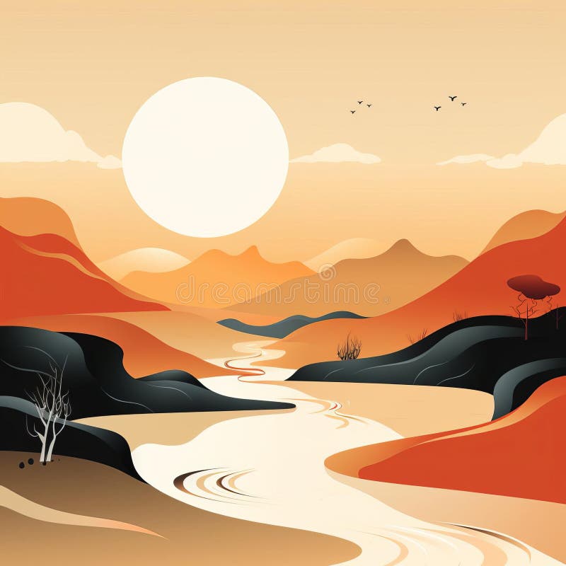 Serene Minimalist Landscape with Winding River and Mountains Stock ...