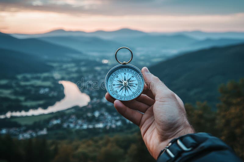 Before a Mountain, a Person is Holding a Compass Stock Image - Image of ...
