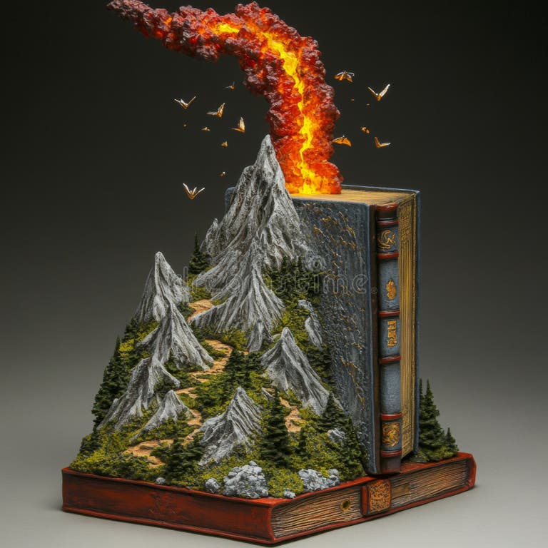 A Mountain Range Book Sculpture with Lava Flowing through, Highlighted ...